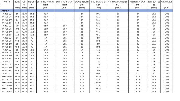All Piston Dimensions